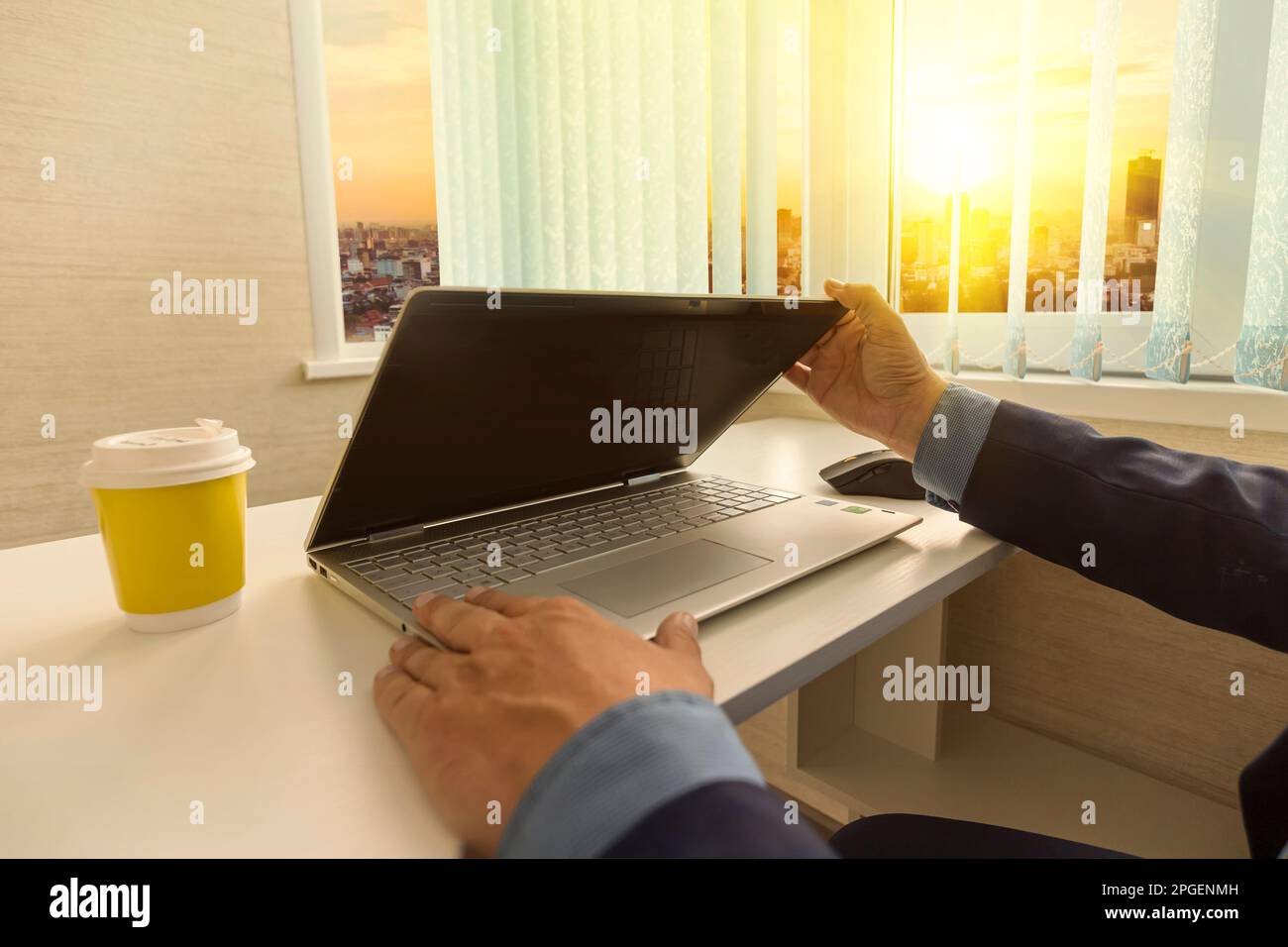 office desk table. man opening modern laptop near mouse on white ...