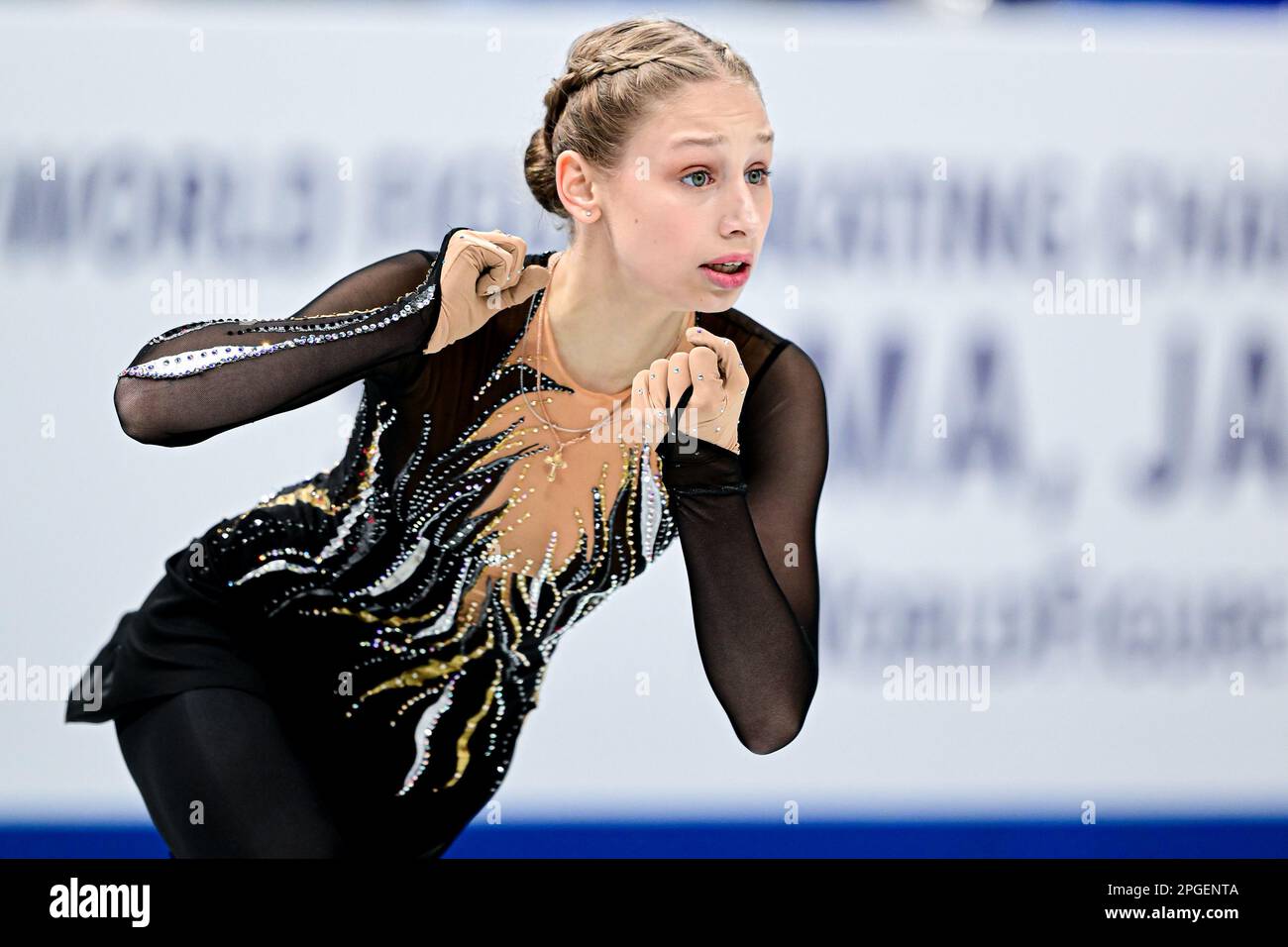 Sofja STEPCENKO (LAT), during Women Short Program, at the ISU World Figure Skating Championships ...