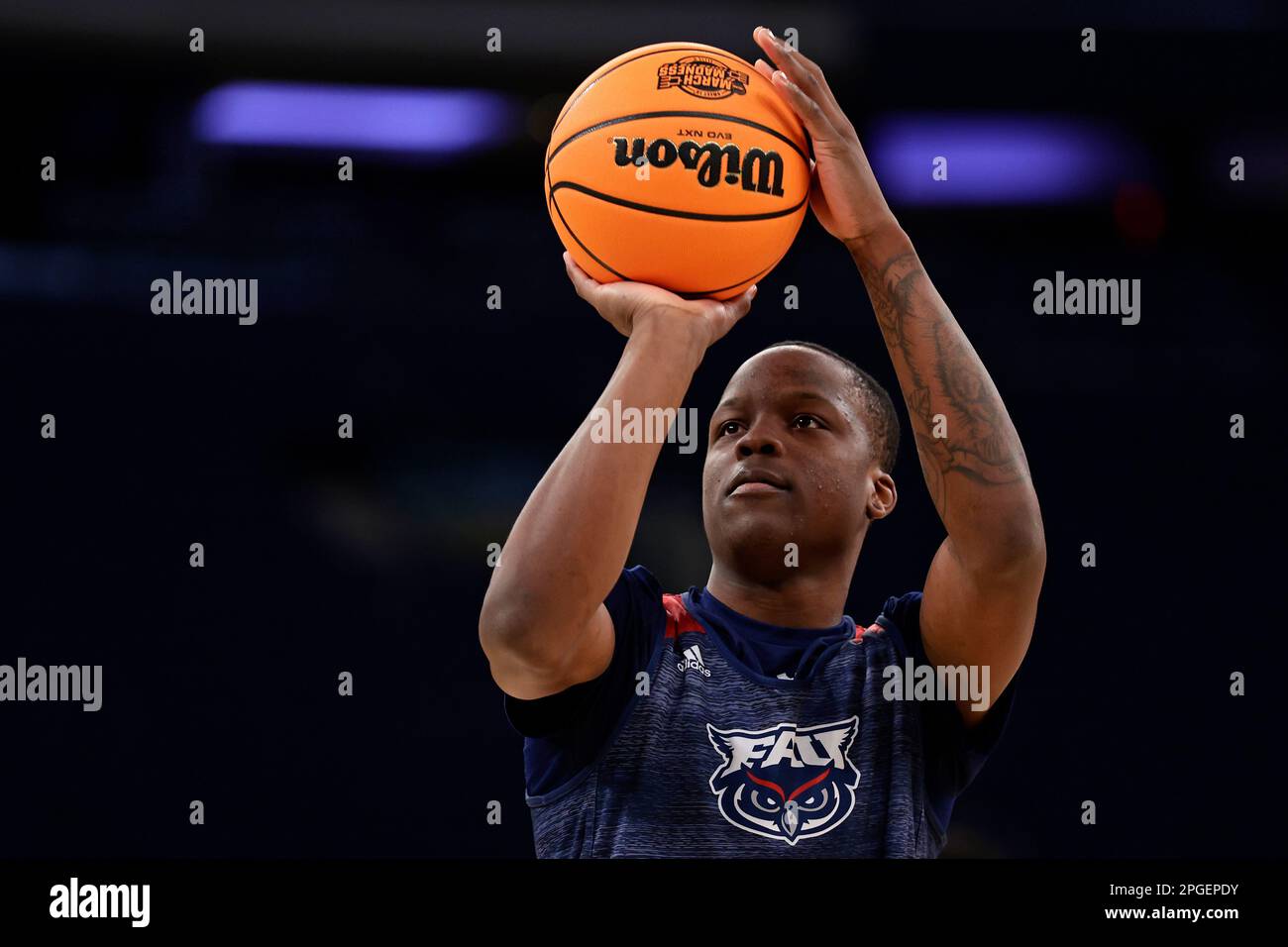 Florida Atlantic guard Johnell Davis shoots during practice before a ...