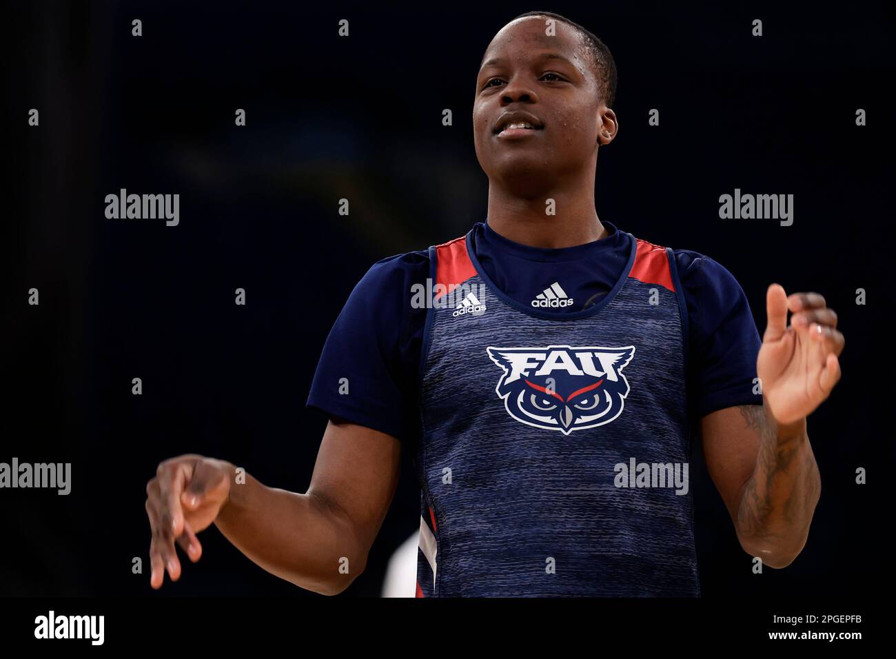 Florida Atlantic guard Johnell Davis looks on during practice before a ...