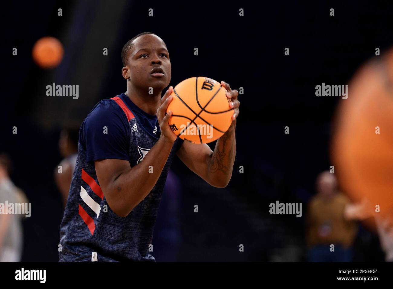 Florida Atlantic guard Johnell Davis shoots during practice before a ...