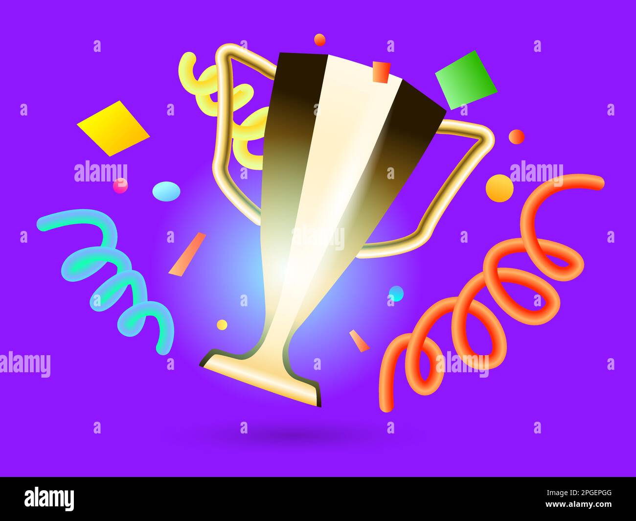 3D golden cup of the winner with confetti on a purple background Stock ...