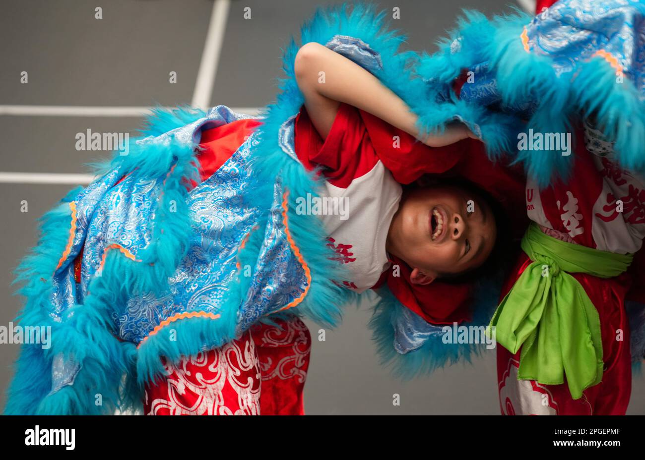 Children training for lion dance performance at Luk Chee Fu Martial ...