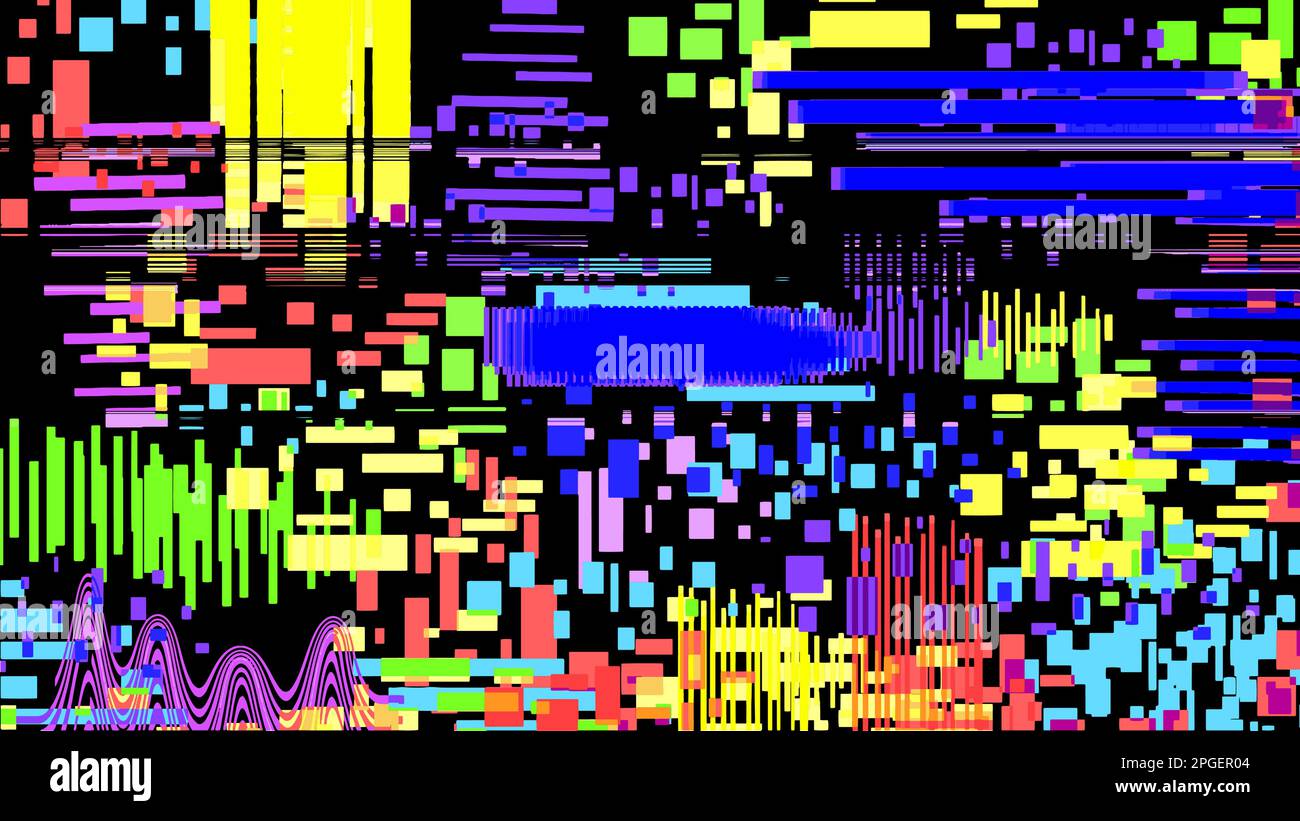 Multi-colored pixels and interference on a black background. Glitch ...