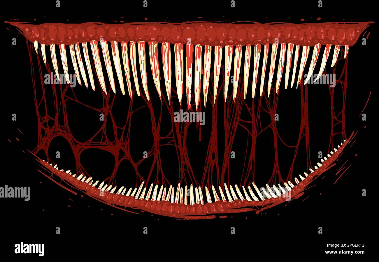 Sharp long teeth with bloody smudges and jets on a black background ...