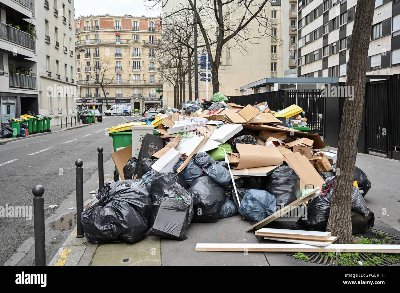 Paris, France. 22nd Mar, 2023. Illustration and view of the garbage ...