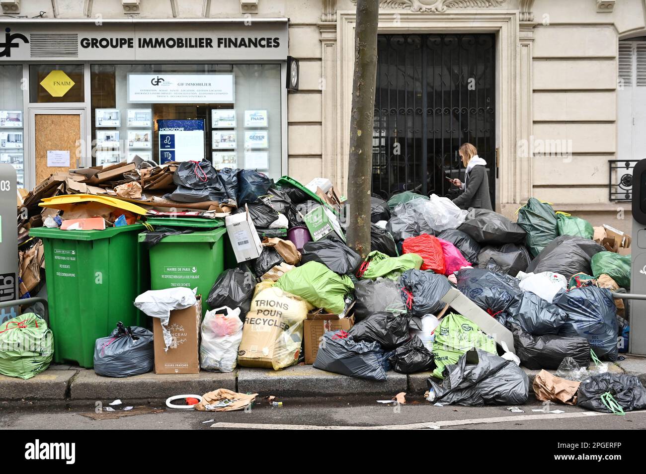 Paris, France. 22nd Mar, 2023. Illustration and view of the garbage ...