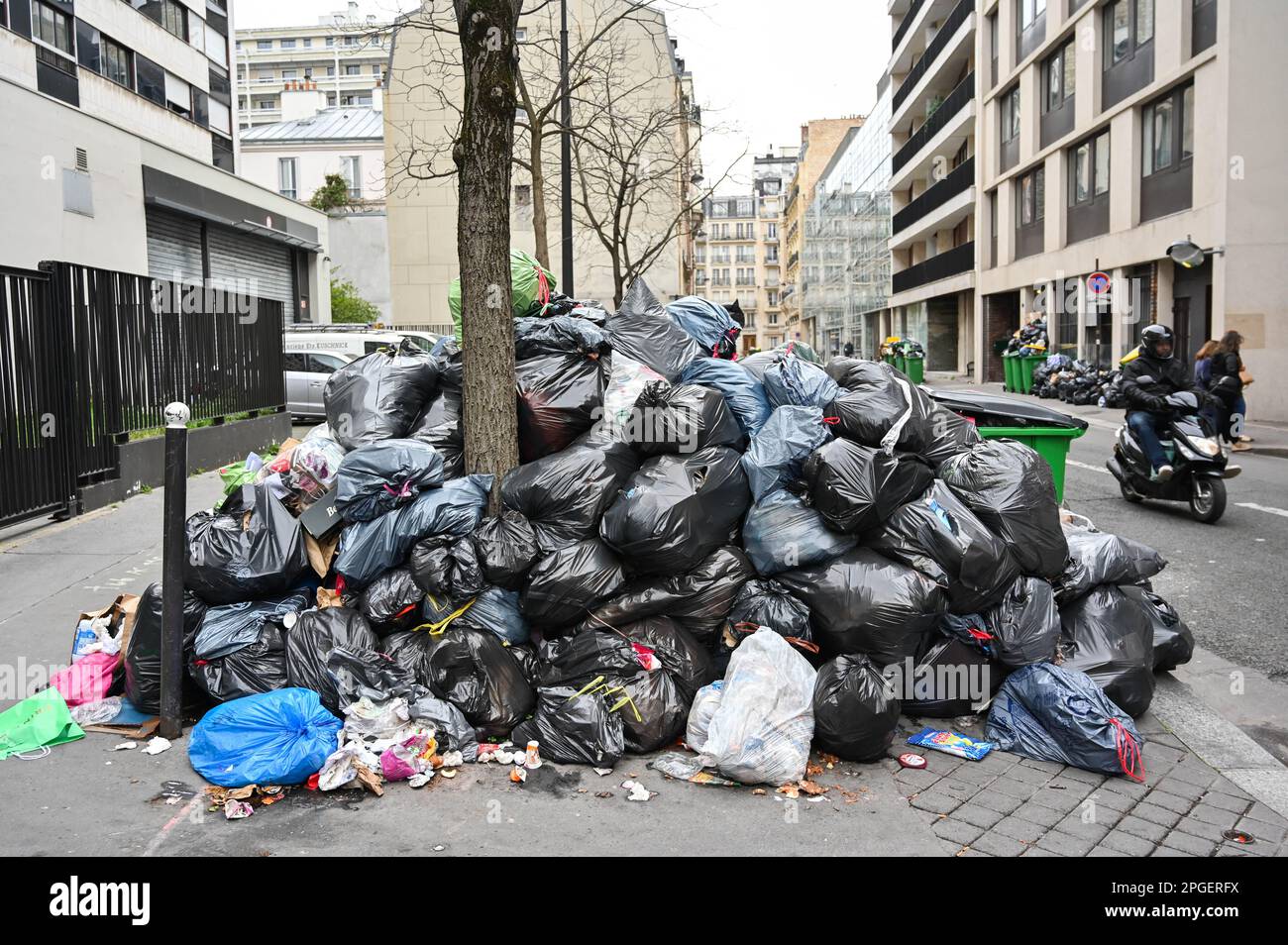 Paris, France. 22nd Mar, 2023. Illustration and view of the garbage ...