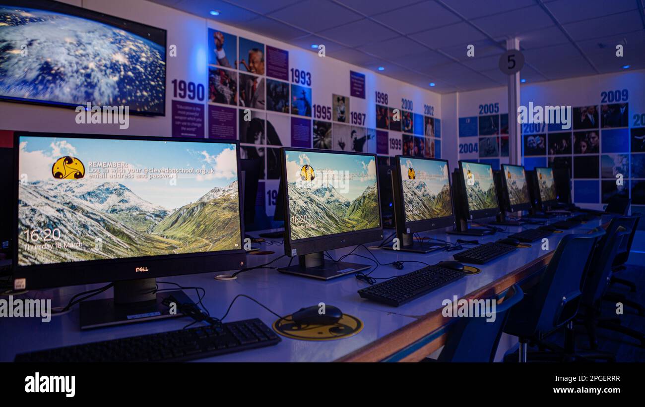 Desktop computers sit on a desk in a school computer lab Stock Photo ...