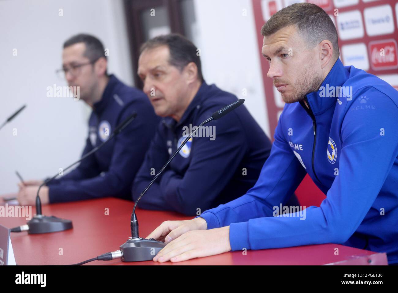 Edin Dzeko of BiH speaks on a press conference at Bilino Polje Stadium ...