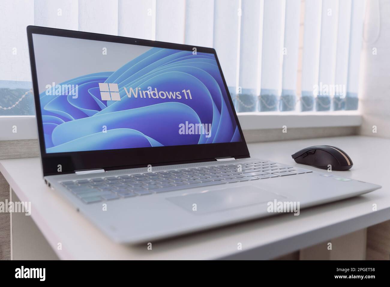 November 2, 2021. Barnaul, Russia. Windows 11 logo on laptop screen. A ...