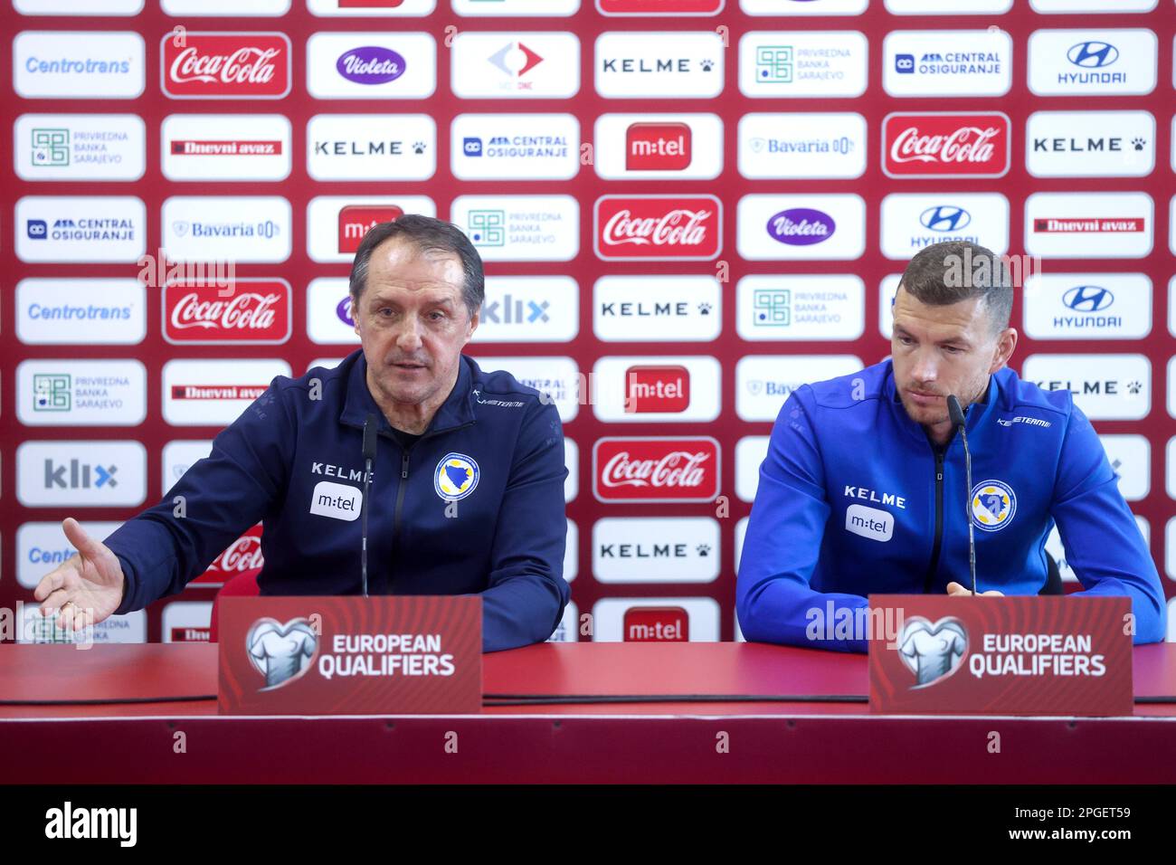 Head Coach of Bosna and Hercegovina Faruk Hadzibegic and player Edin Dzeko during a press ...