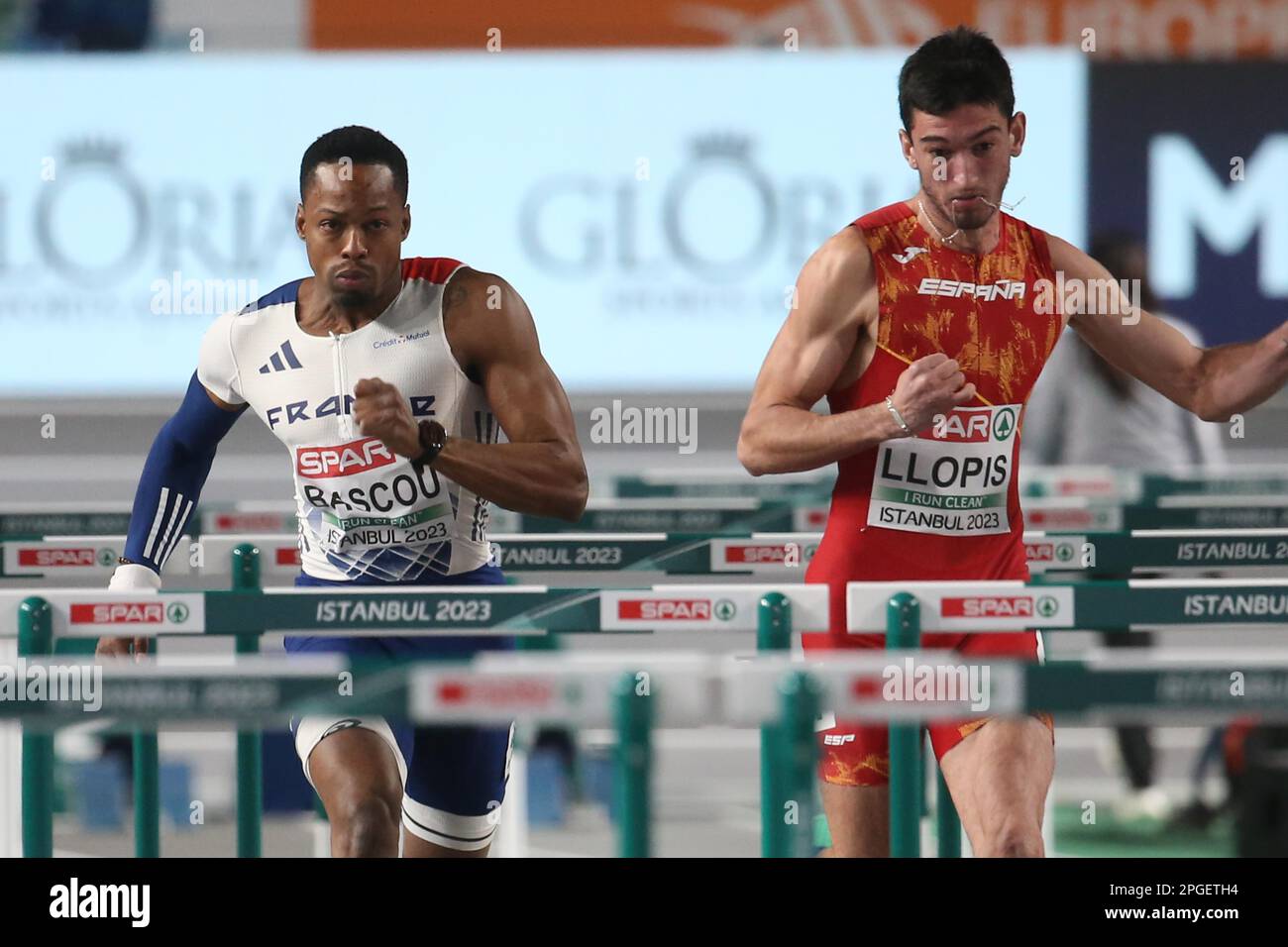 Dimitri BASCOU of France and Enrique LLOPIS of Spain 60m Hurdles Men ...