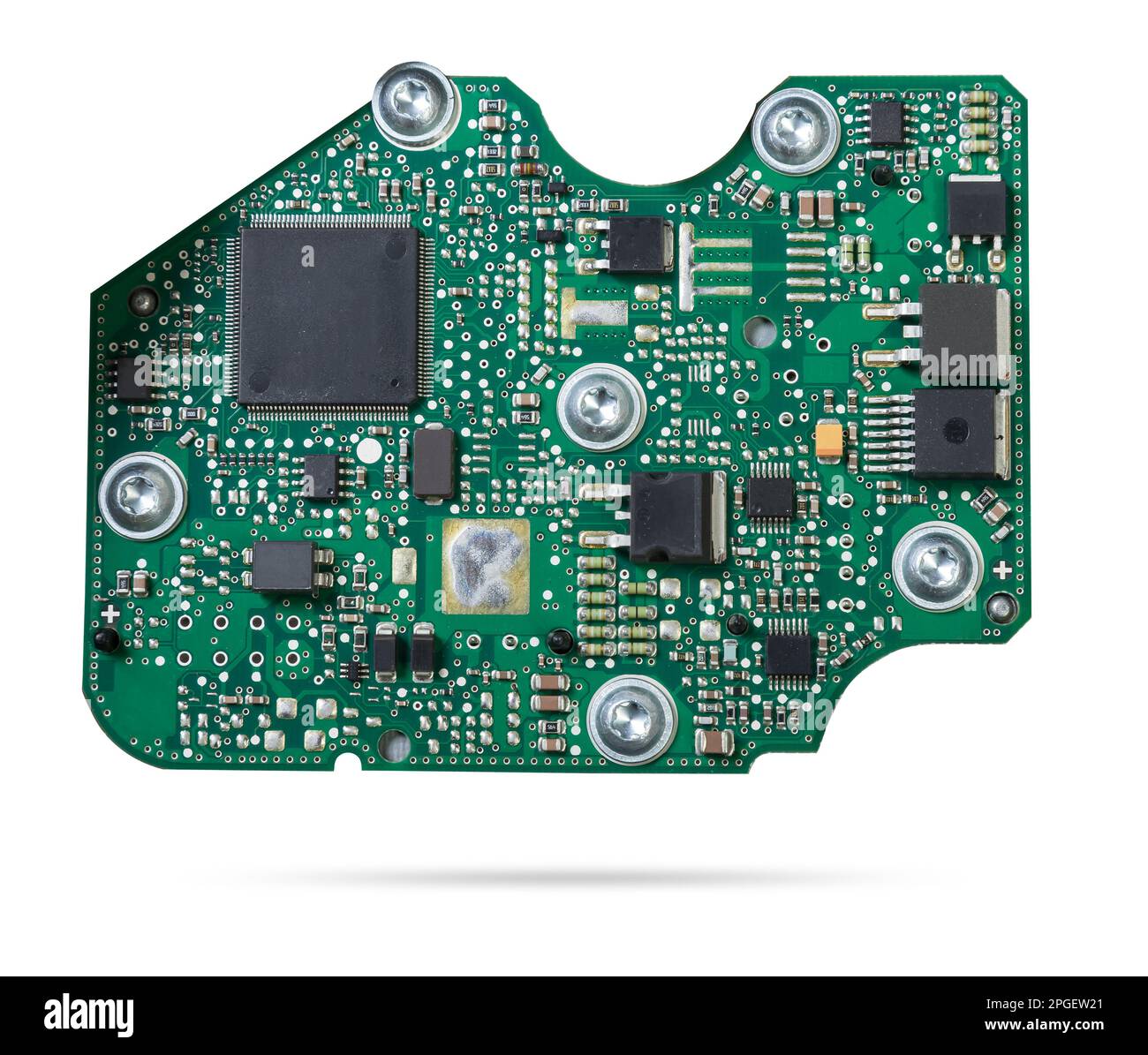 Green printed circuit board with transistors and microchips to control ...