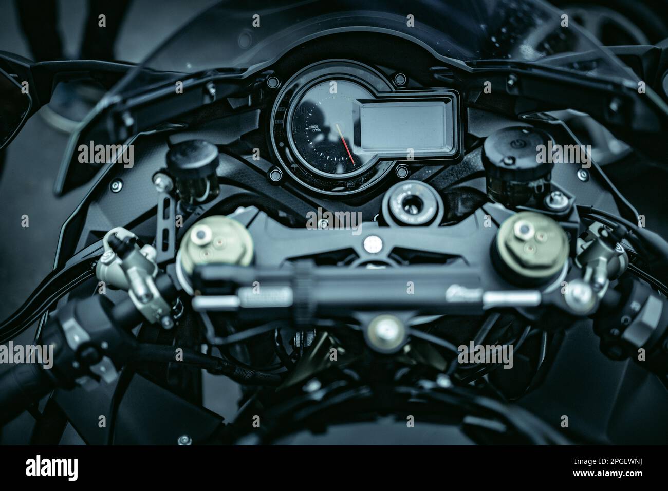 A closeup of the dashboard and speedometer of a modern motorcycle Stock ...