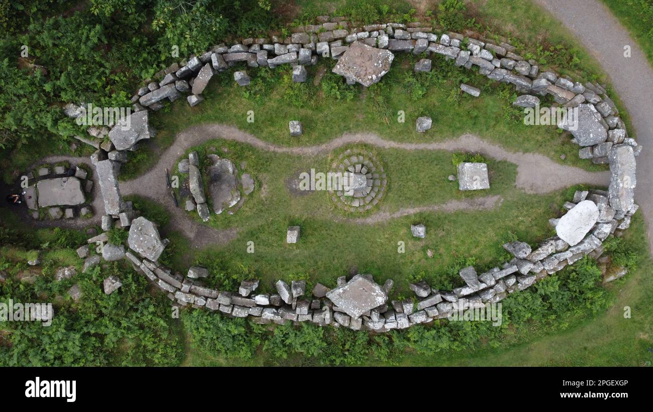 An aerial top view of the historic Druids Temple in Ilton, England ...