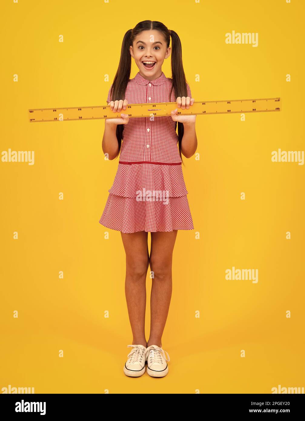 Back to school. School girl hold ruler measuring isolated on yellow ...