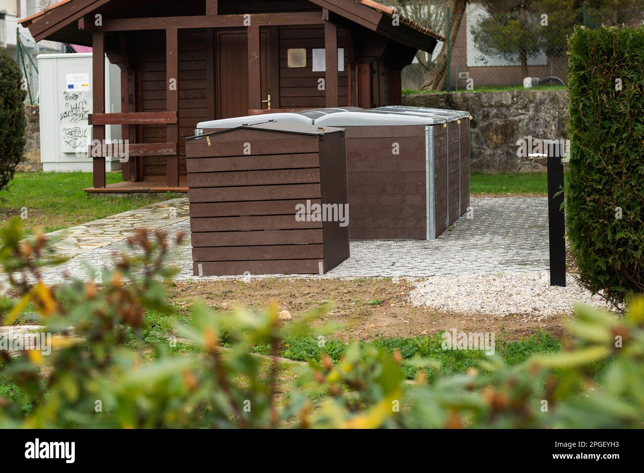 Community composter placed in a common residential area to recycle and ...