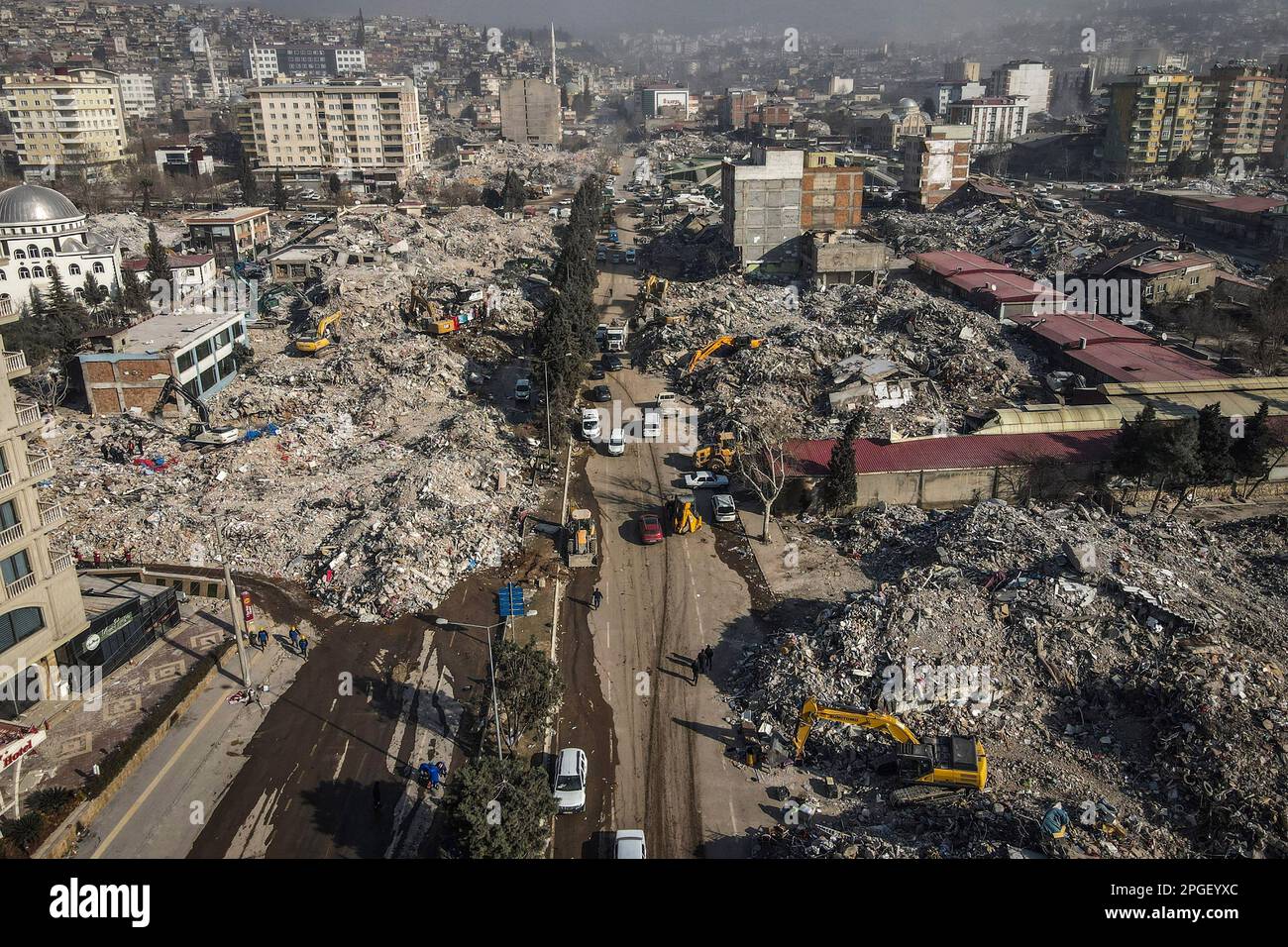 Kahramanmara, Turkey. 14th Feb, 2023. An aerial view of the ruined city ...