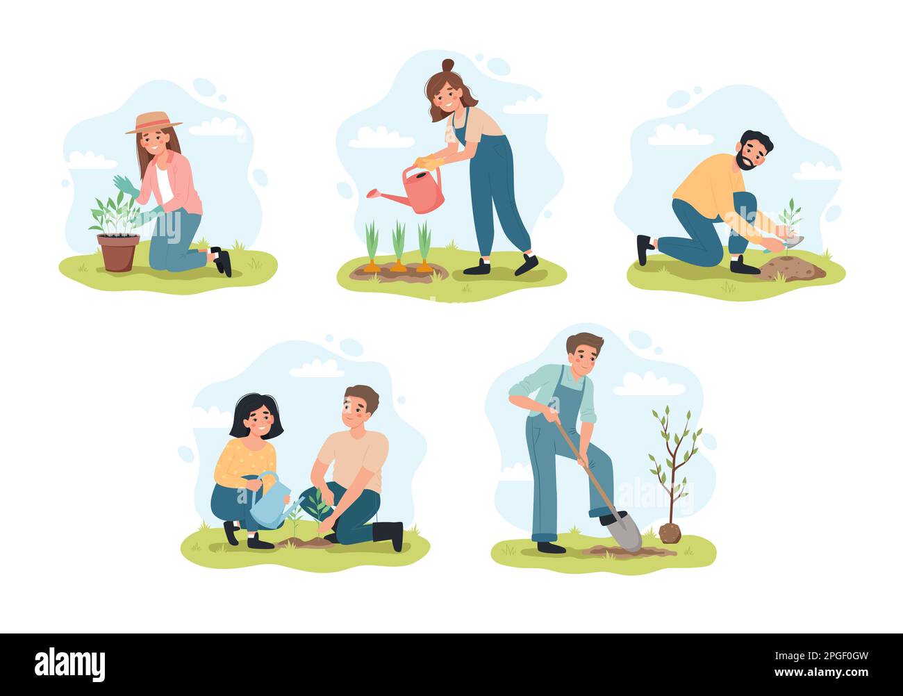 People gardening in spring. Men and women planting, watering and taking ...