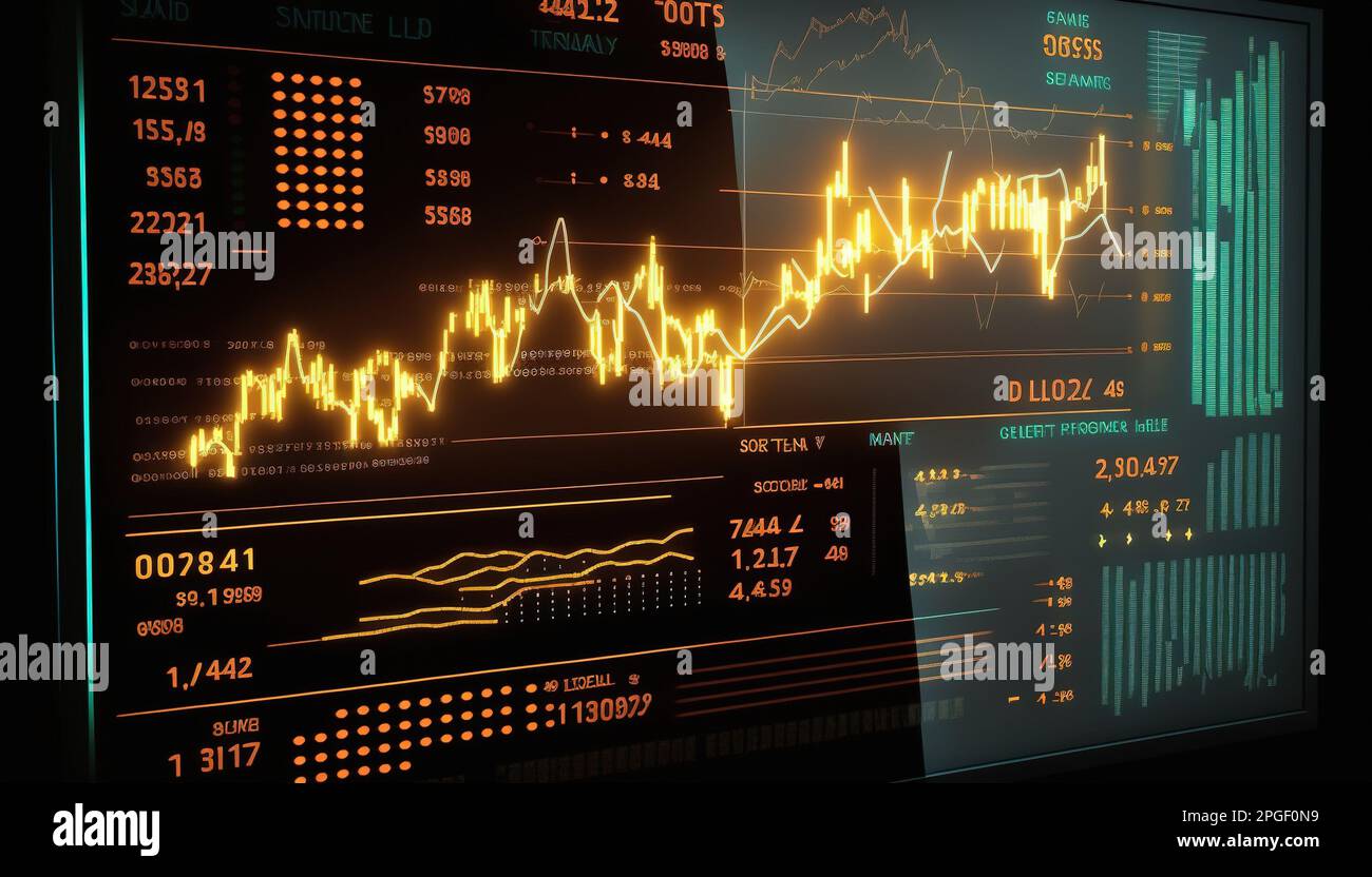A computer monitor displaying an illuminated rising graph for stocks ...