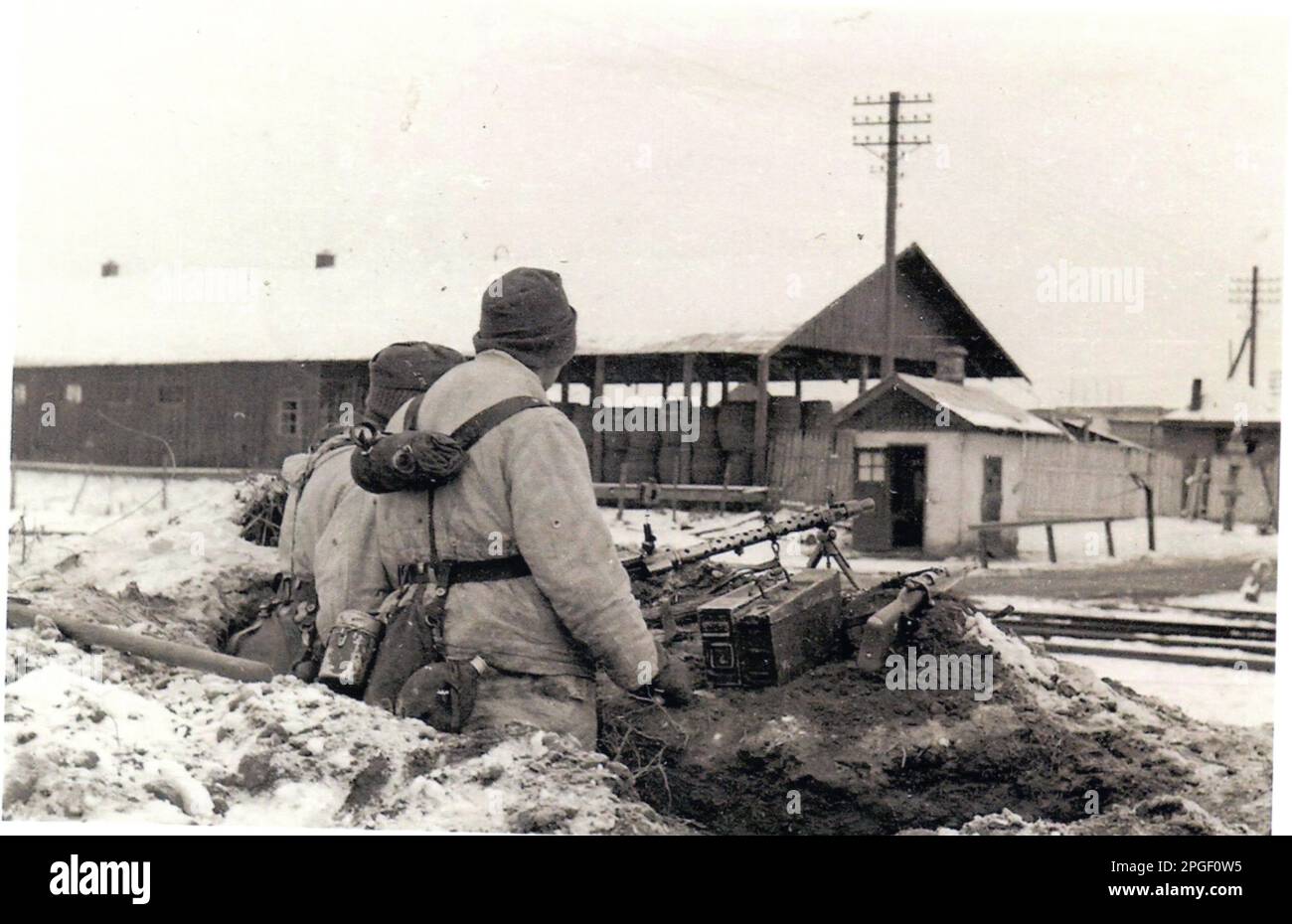 World War Two B&W photo German Soldiers in Snow Camo in defensive MG ...