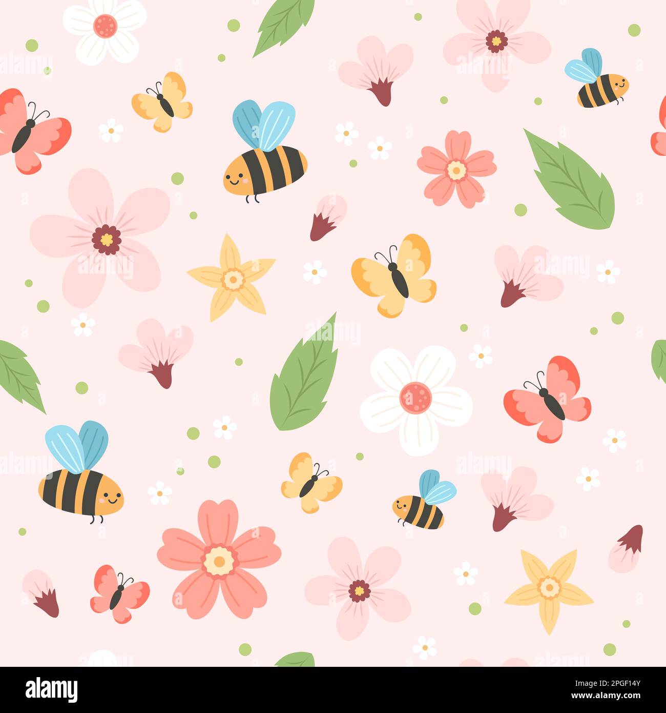 Spring pattern with flowers, bees and butterflies. Cute vector elements ...