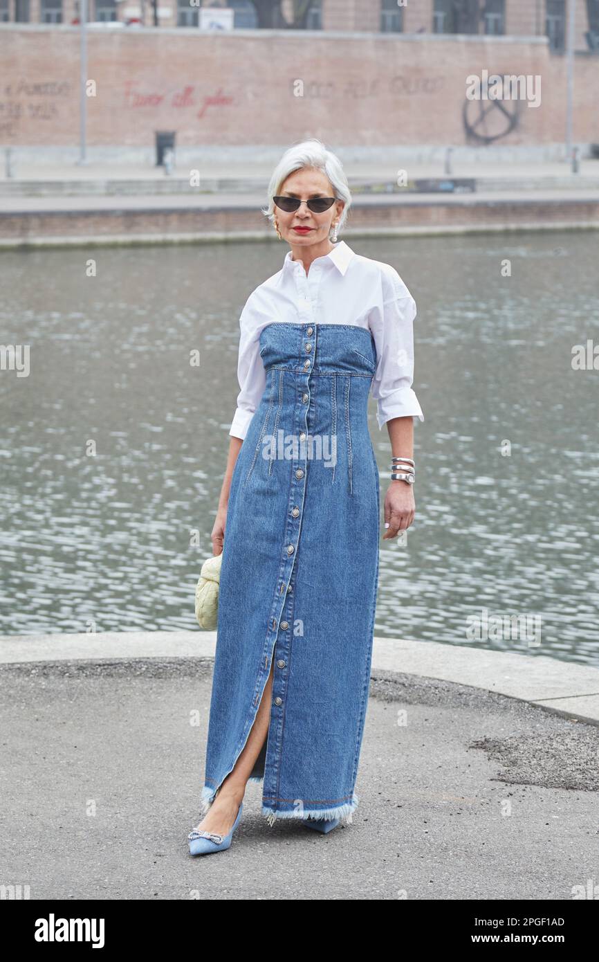 MILAN, ITALY - FEBRUARY 24, 2023: Grece Ghanem with blue denim dress ...