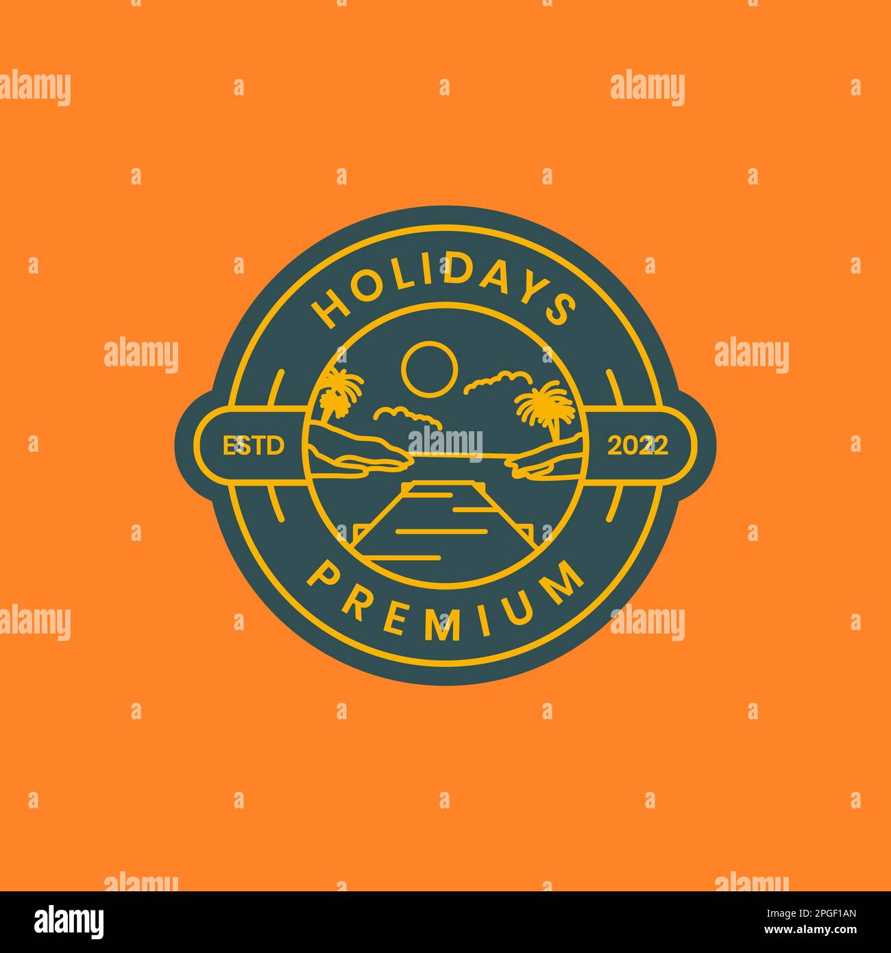 wooden pier sunset sea lake beach circle badge minimal logo design ...