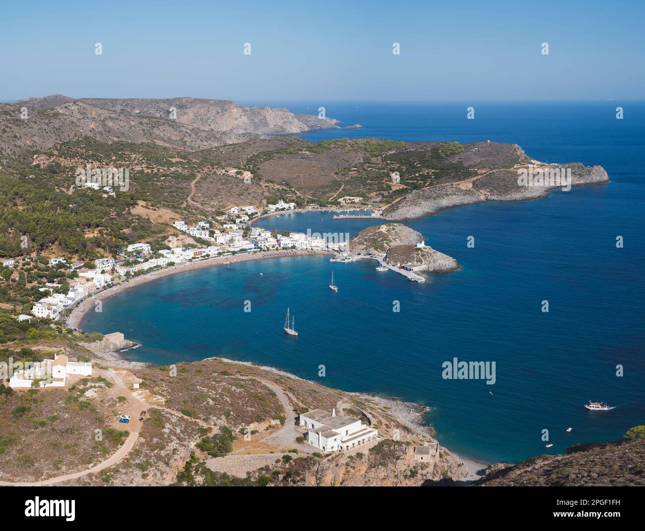 An aerial view of the beautiful sunny rocky shoreline of Kythera Island ...
