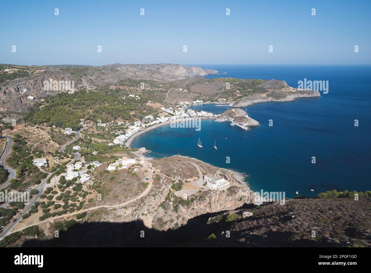 An aerial view of the beautiful sunny rocky shoreline of Kythera Island ...