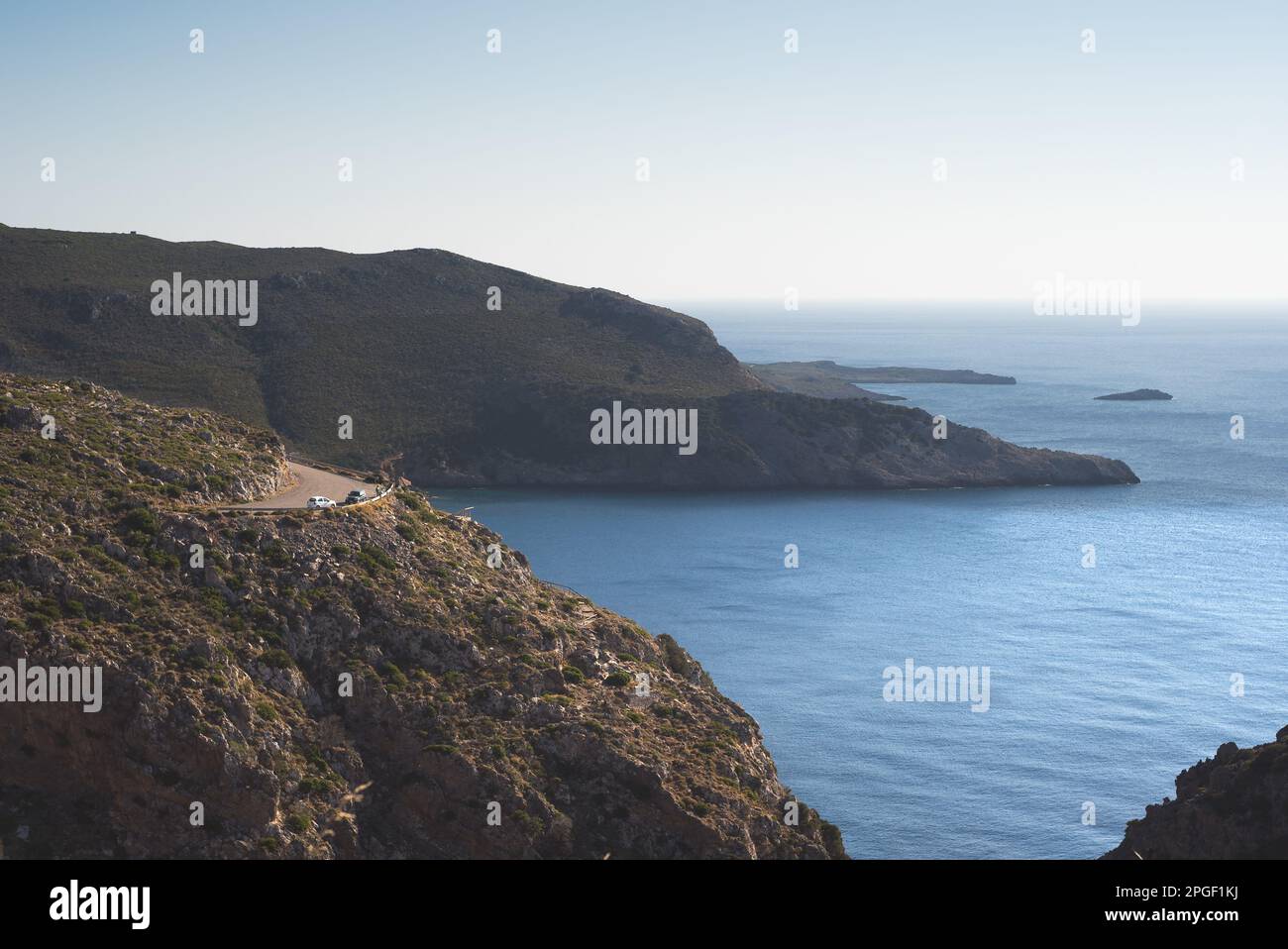 An aerial view of the beautiful sunny rocky shoreline of Kythera Island ...