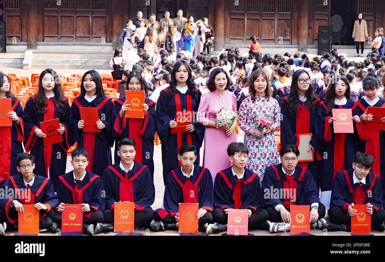 Hanoi, Vietnam - February 25, 2023 - Vietnamese students visit Hanoi's Temple of Literature ...