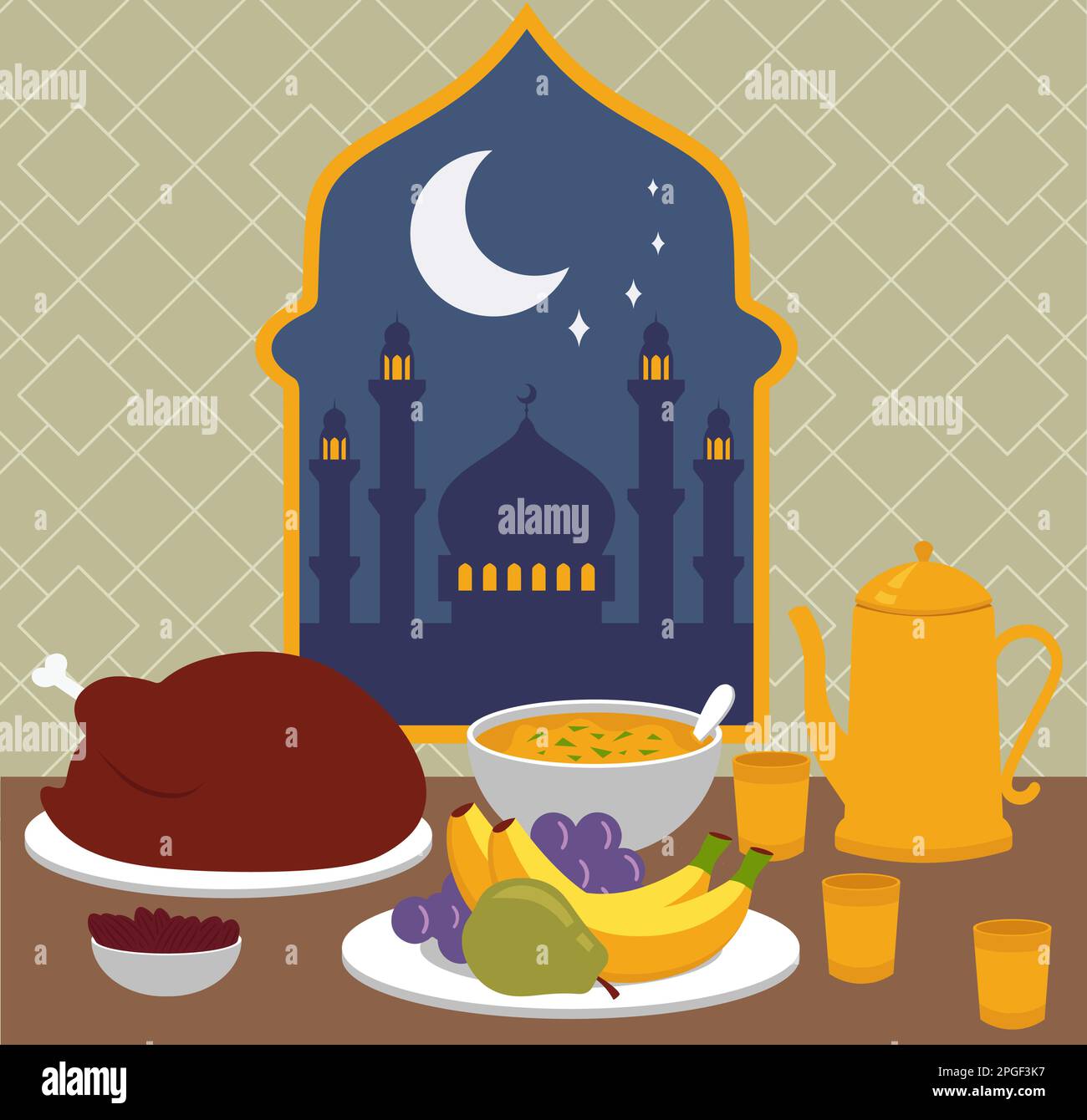 Table With Food. Iftar. Islam Vector Illustration In Flat Style Stock ...