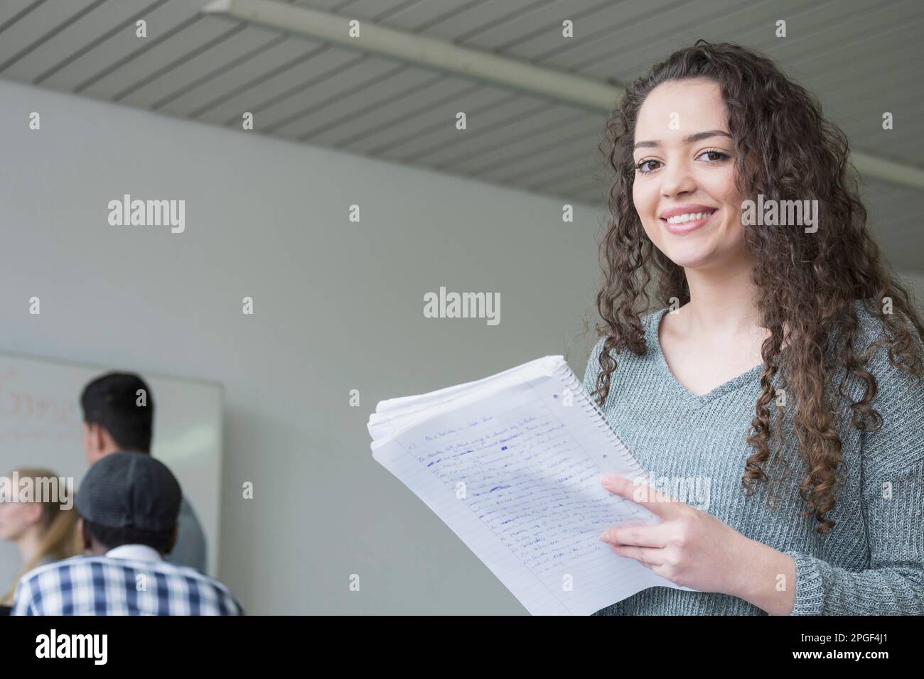 University student studying with notes in classroom School, Bavaria ...