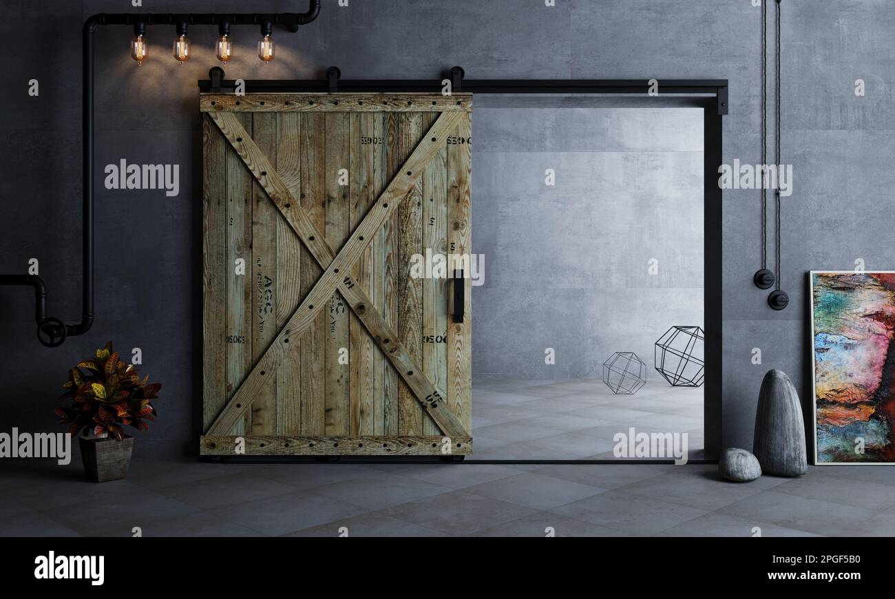 Barn Sliding Wooden Door in Loft Room Stock Photo - Alamy