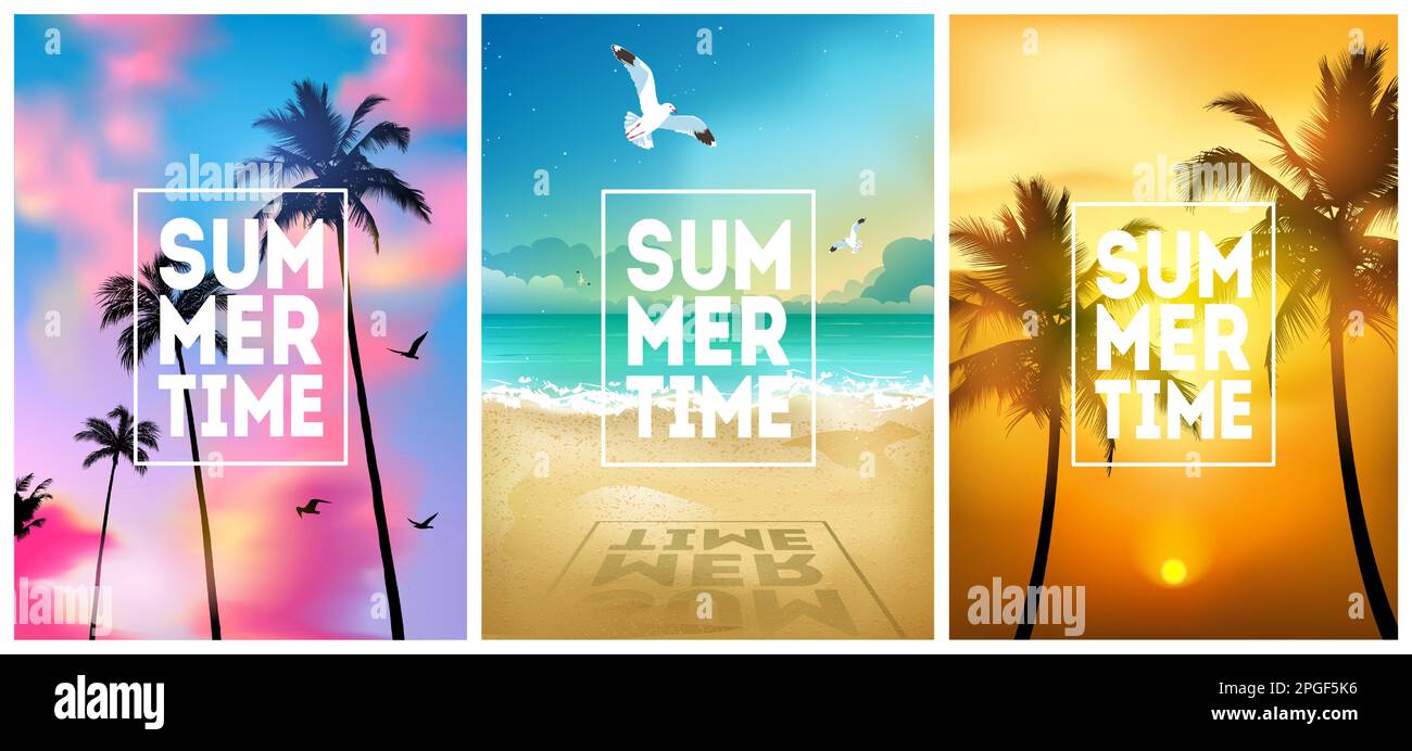Summer tropical beach backgrounds set with palms, sea beach, sky ...