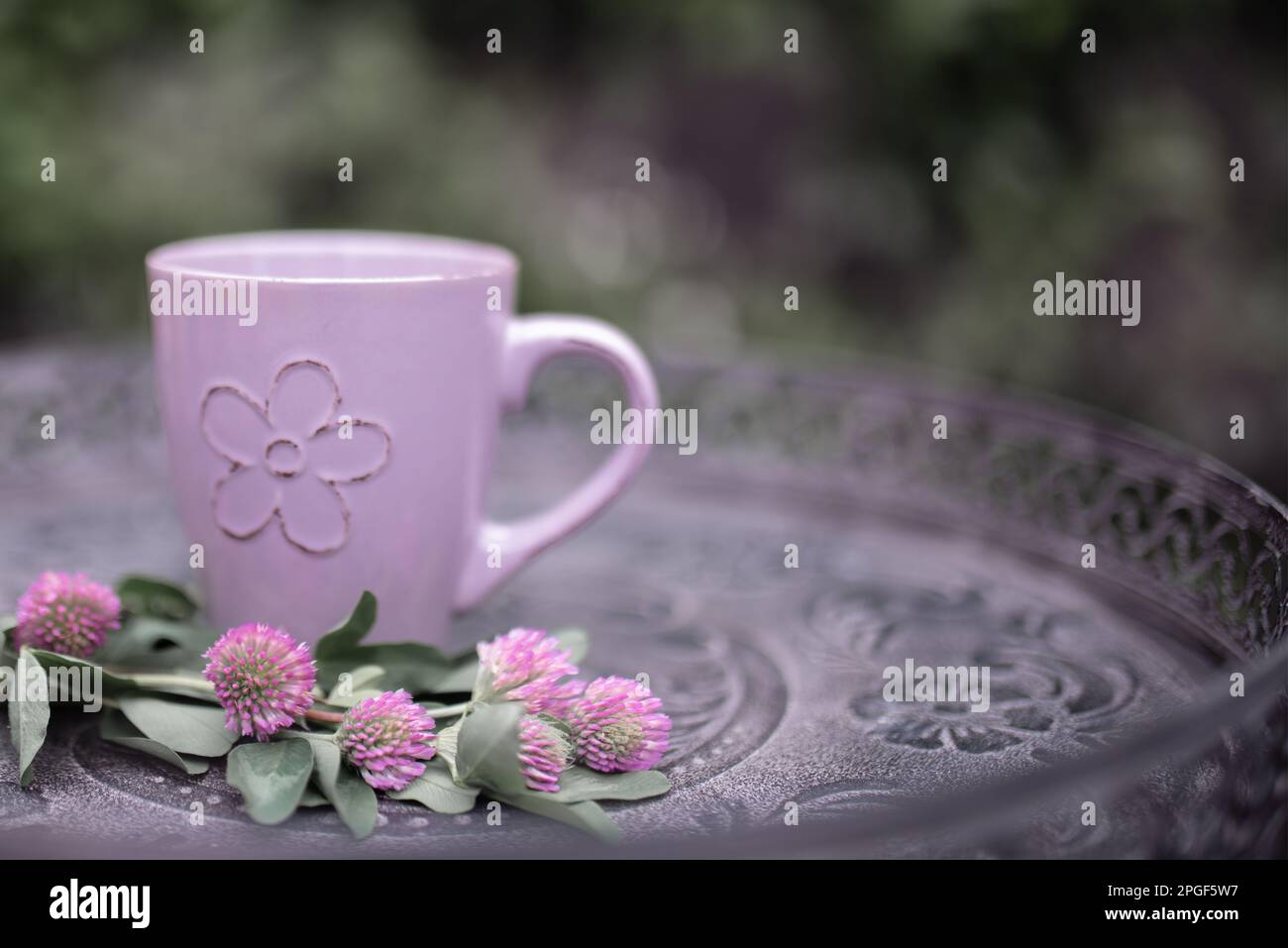 lilac coffee cup and colorful lilac flowers on garden table Stock Photo ...