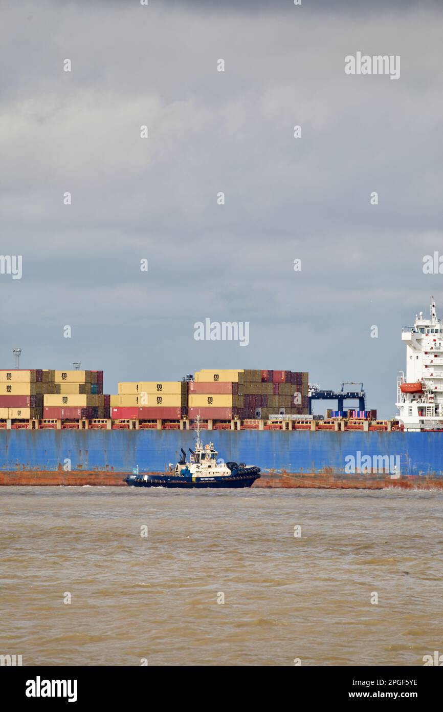 Container ship MSC Mirella leaving the Port of Felixstowe assisted by ...