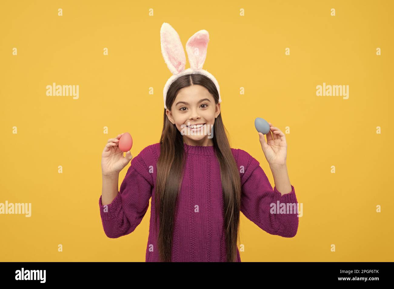 full of joy. teenager girl wear rabbit costume. easter bunny egg hunt ...