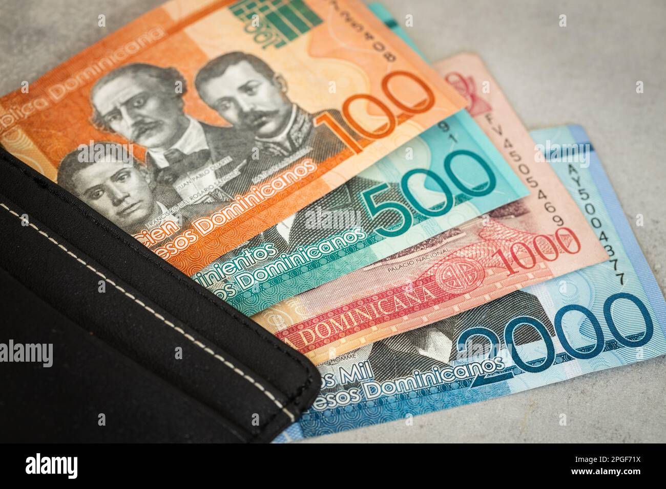 Dominican Republic currency, pesos banknotes, sticking out of a wallet ...