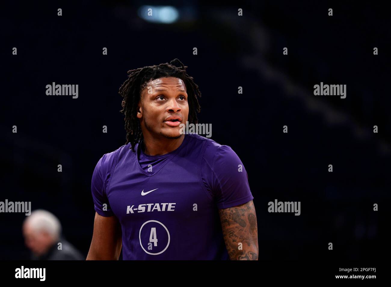 Kansas State guard Tykei Greene (4) looks on during practice before a ...