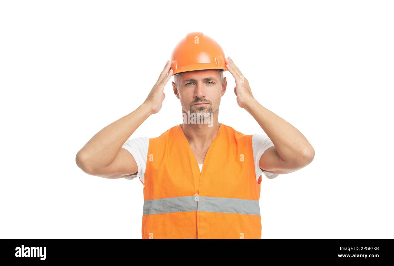 man worker isolated on white background. man worker in white studio ...