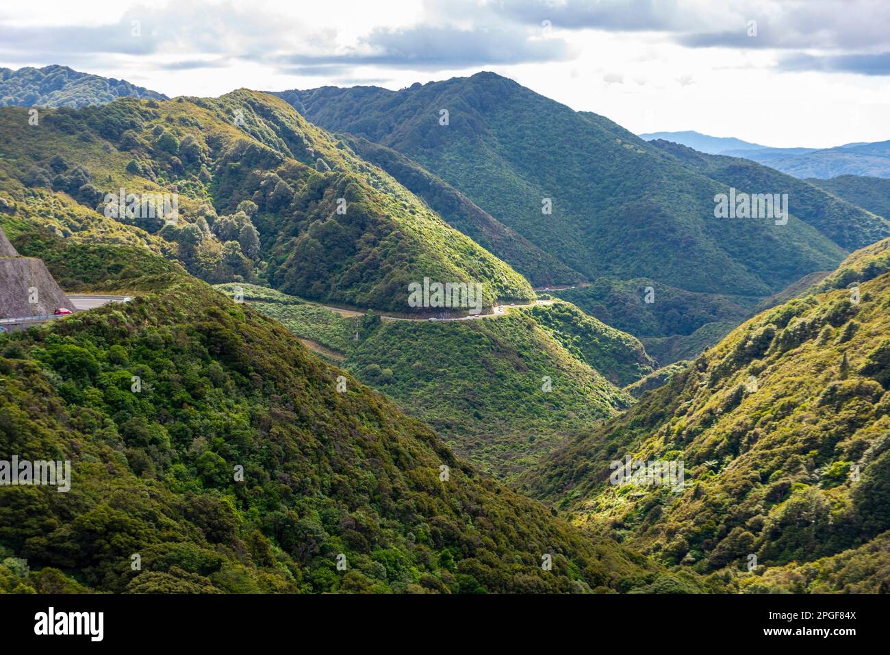 Remutaka pass viewing point over hillside State Highway 2 cut into ...