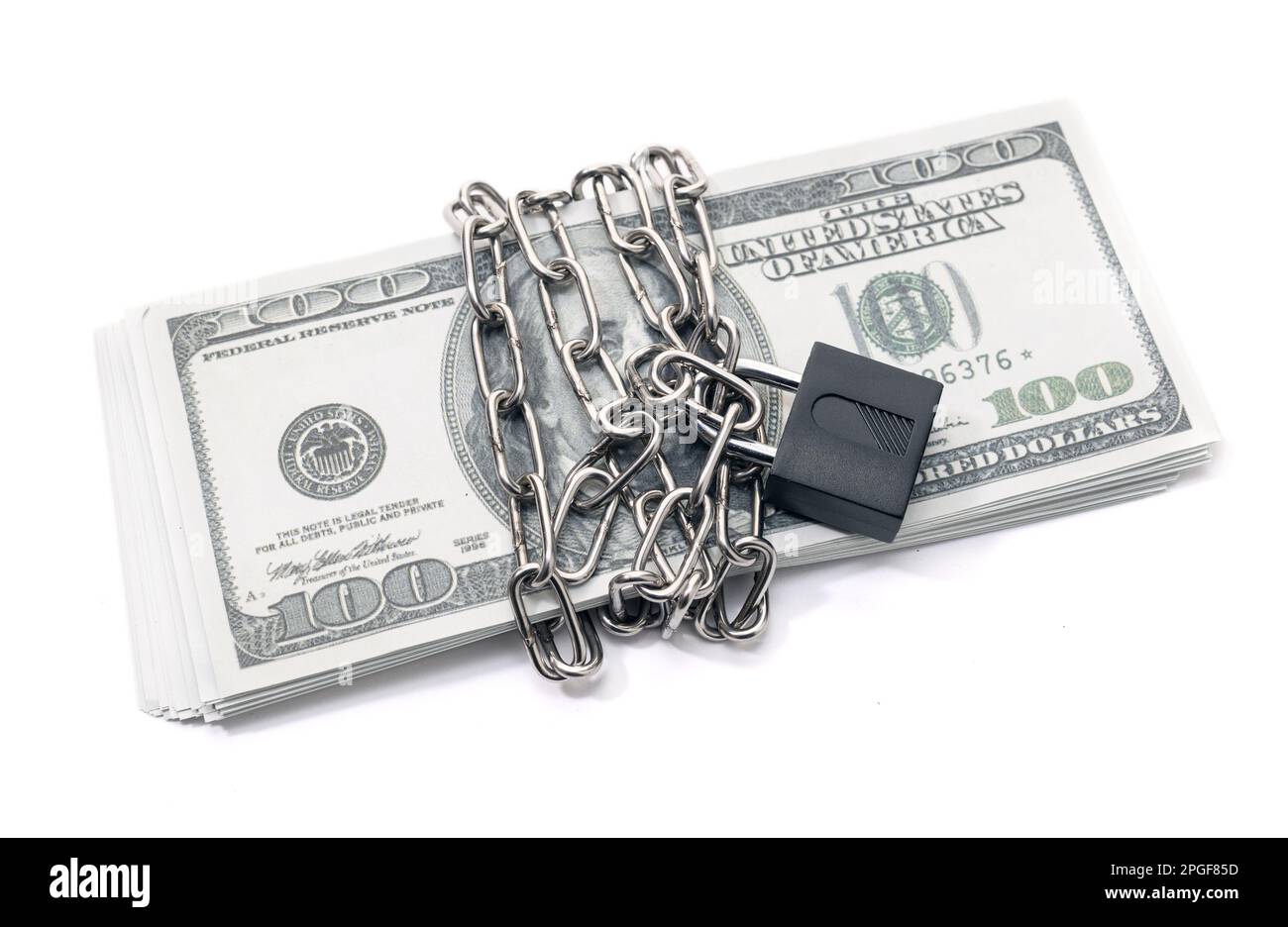 Lock security and chain on dollar stack banknotes isolated on white ...