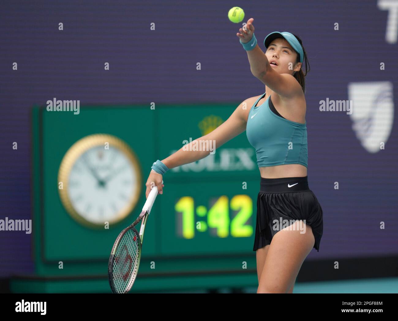 Emma Raducanu of, Great Britain, serves to Bianca Andreescu, of Canada ...
