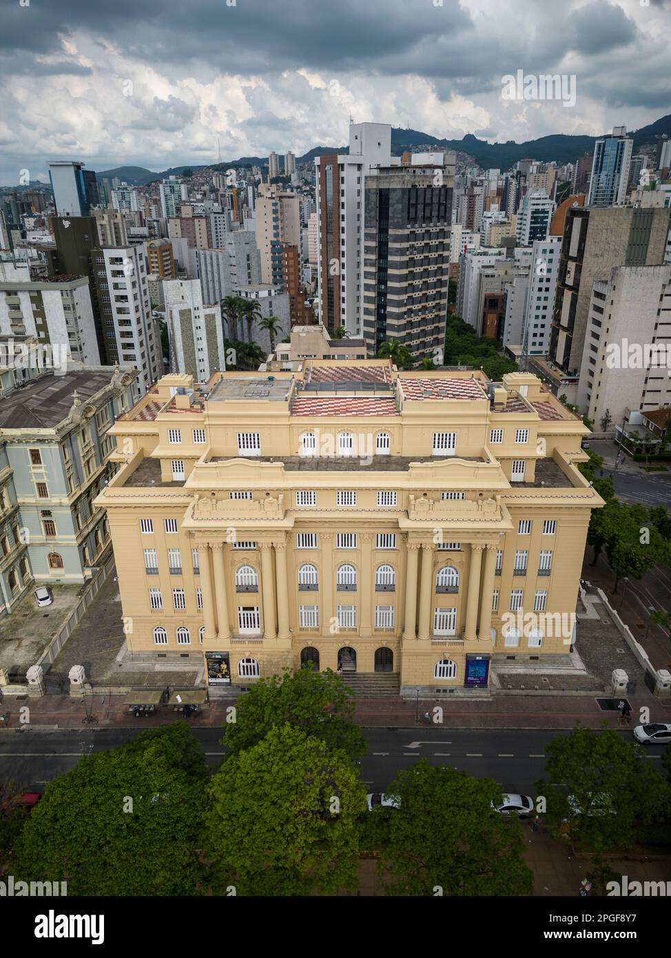 Beautiful drone view to historic buildings and green public square ...