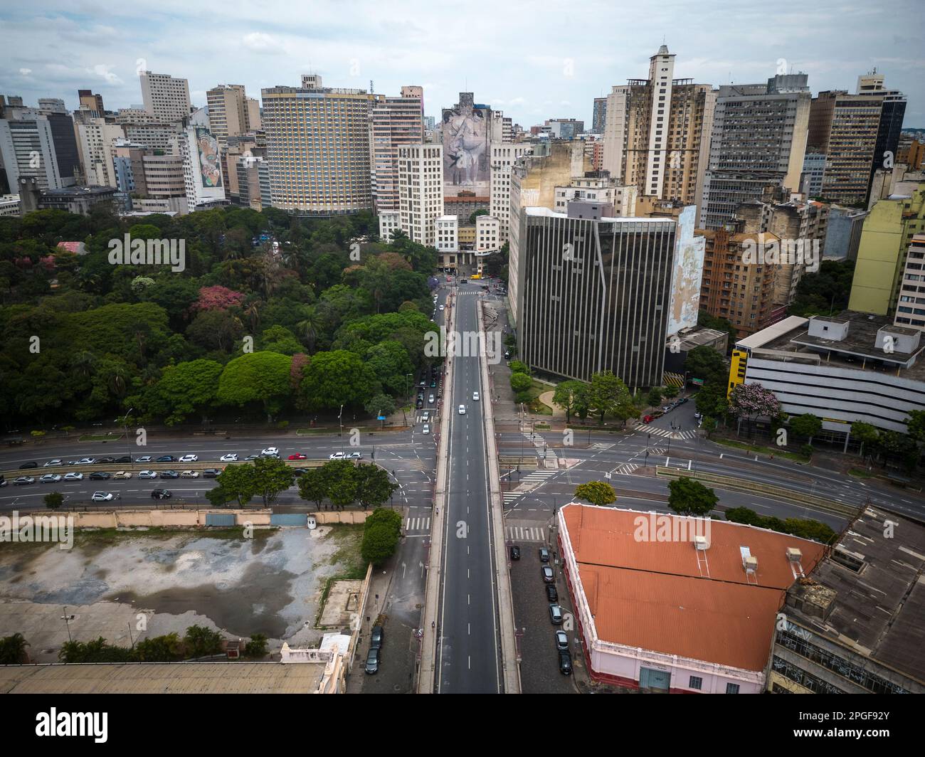 Beautiful drone view to buildings and green public square Stock Photo ...