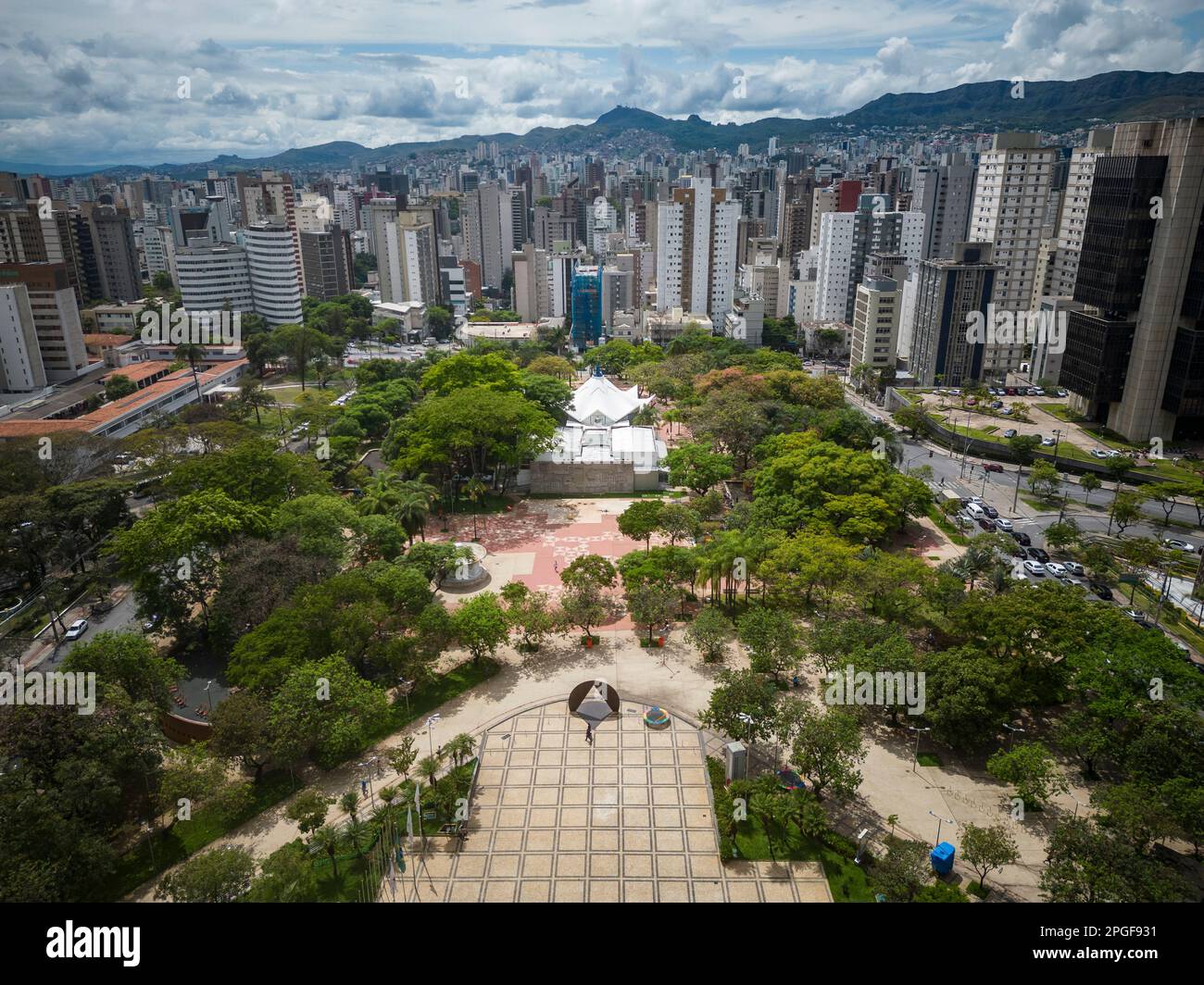 Beautiful drone view to buildings and green public square Stock Photo ...