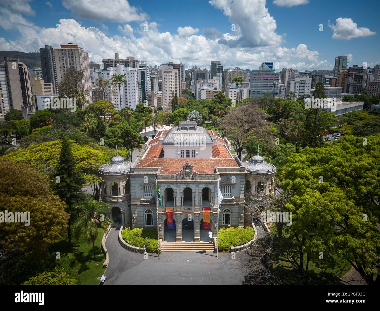Beautiful drone view to historic buildings and green public square ...